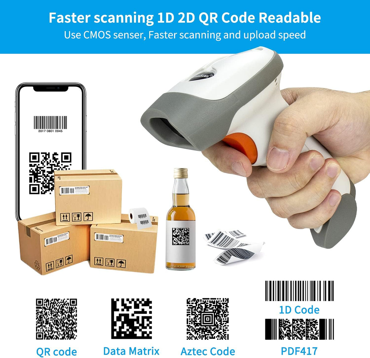 NSL8BL Bluetooth 2D Barcode Scanner, 3 in 1 Automatic Wireless QR Code