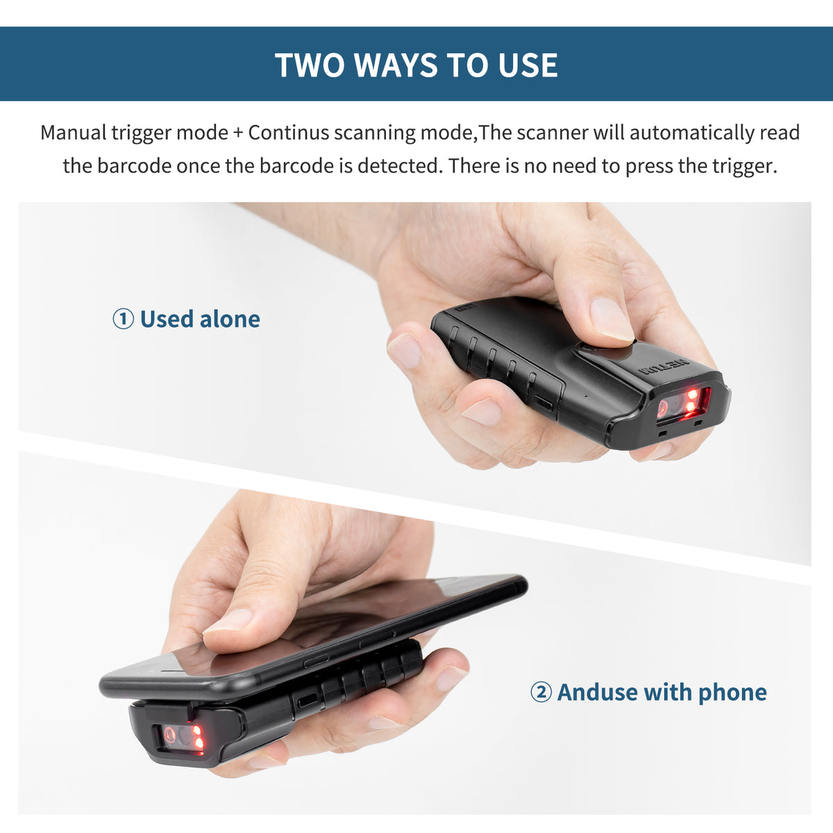 NSE800 Portable Bluetooth QR Code Scanner, Back Clip 2D Barcode Reader