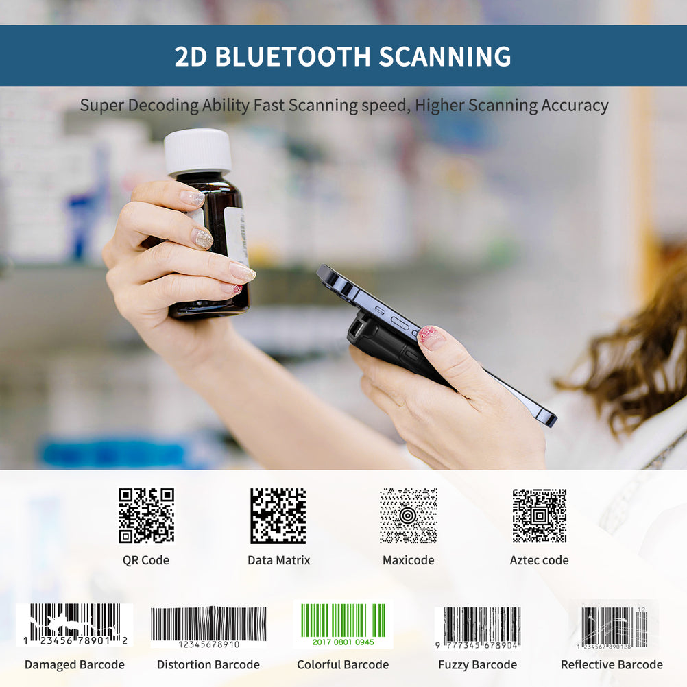 NSE800 Portable Bluetooth QR Code Scanner, Back Clip 2D Barcode Reader