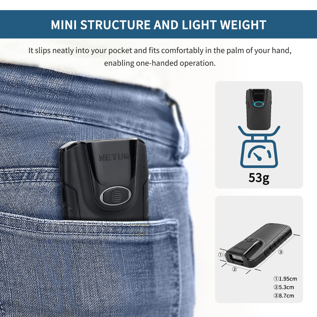 NSE800 Portable Bluetooth QR Code Scanner, Back Clip 2D Barcode Reader